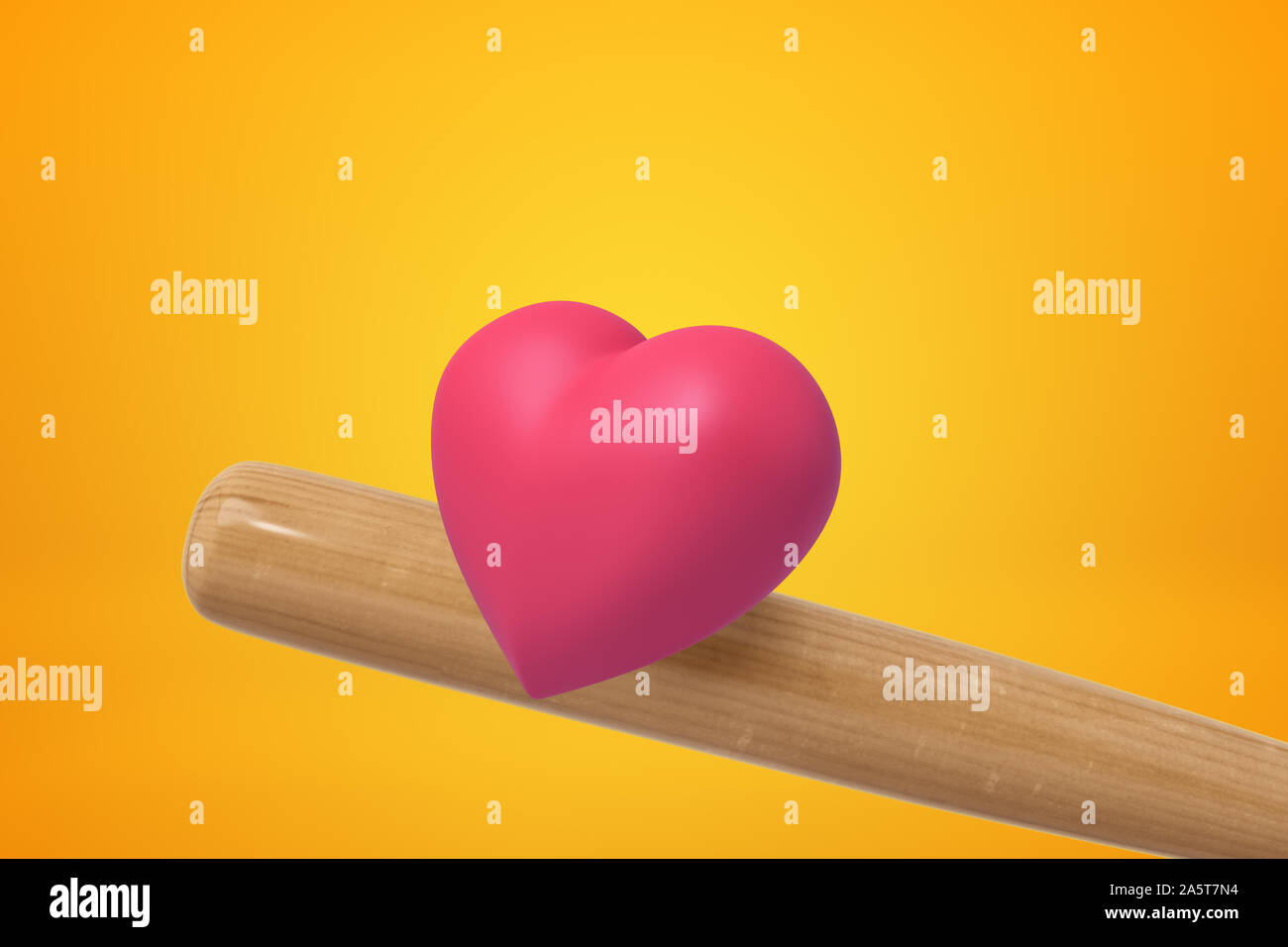 3d rendering of pink heart and wooden baseball bat on yellow background ...