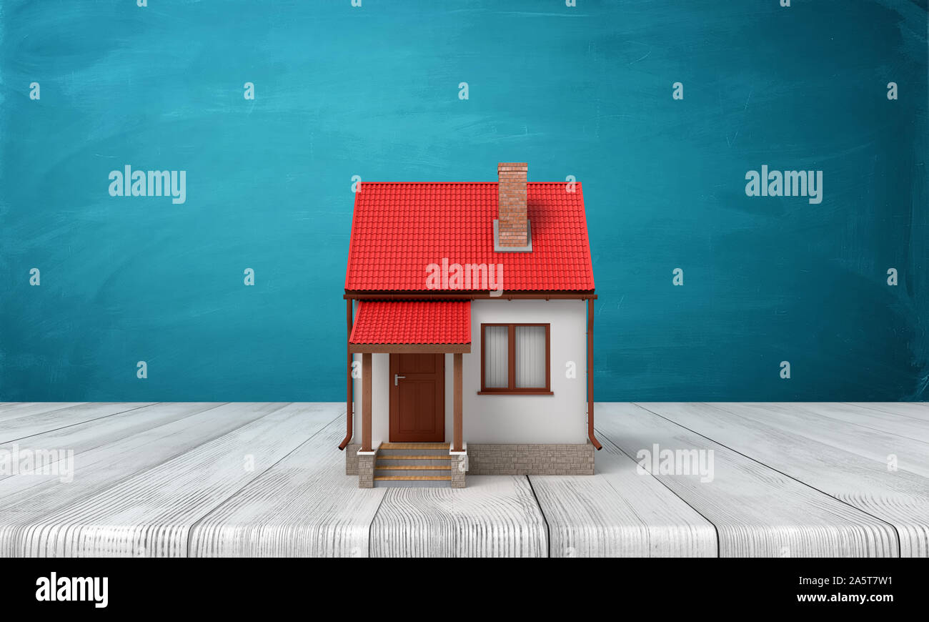 3d rendering of small one-storey house standing on wooden floor near ...