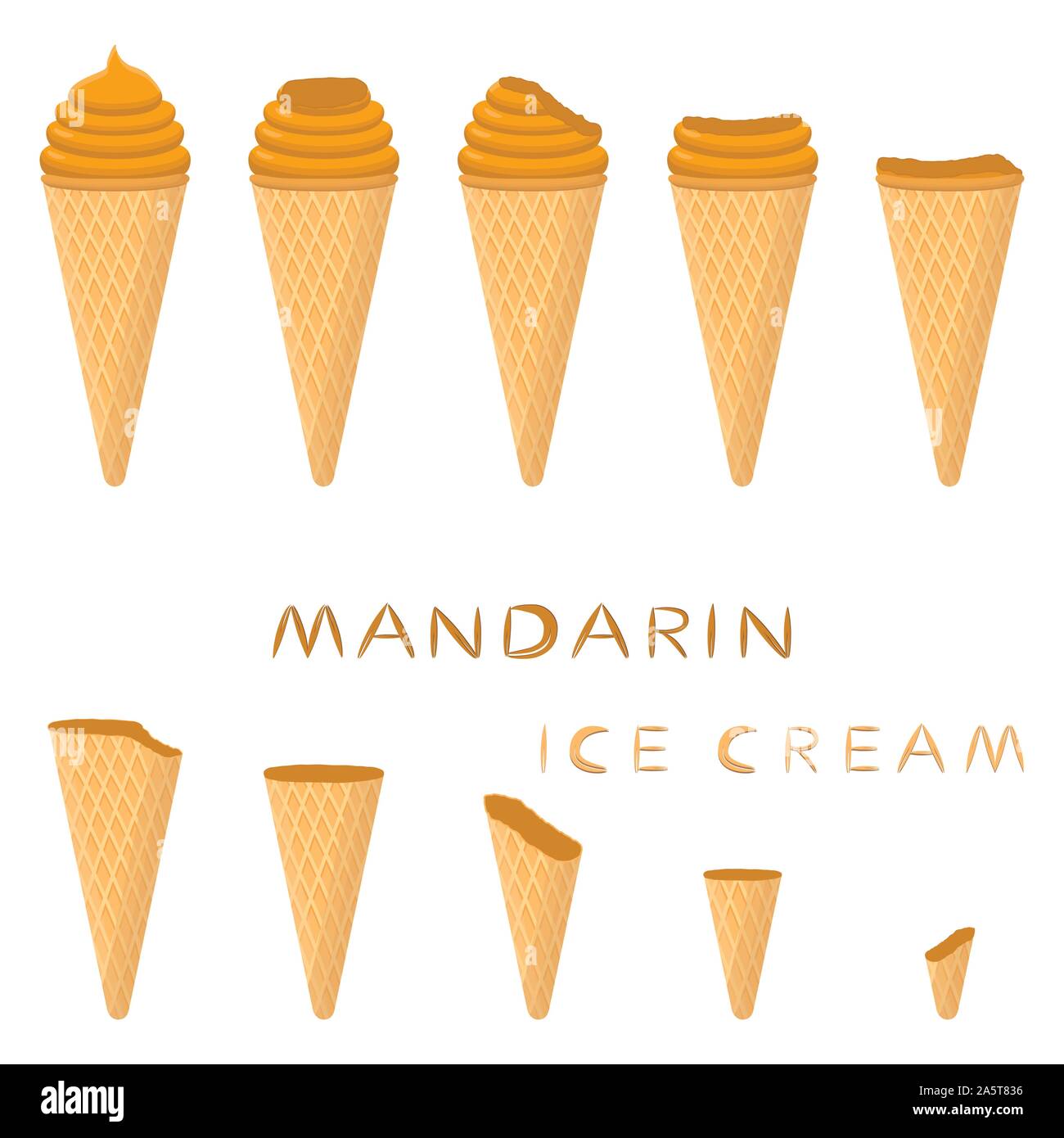Vector illustration for natural mandarin ice cream on waffle cone. Ice ...