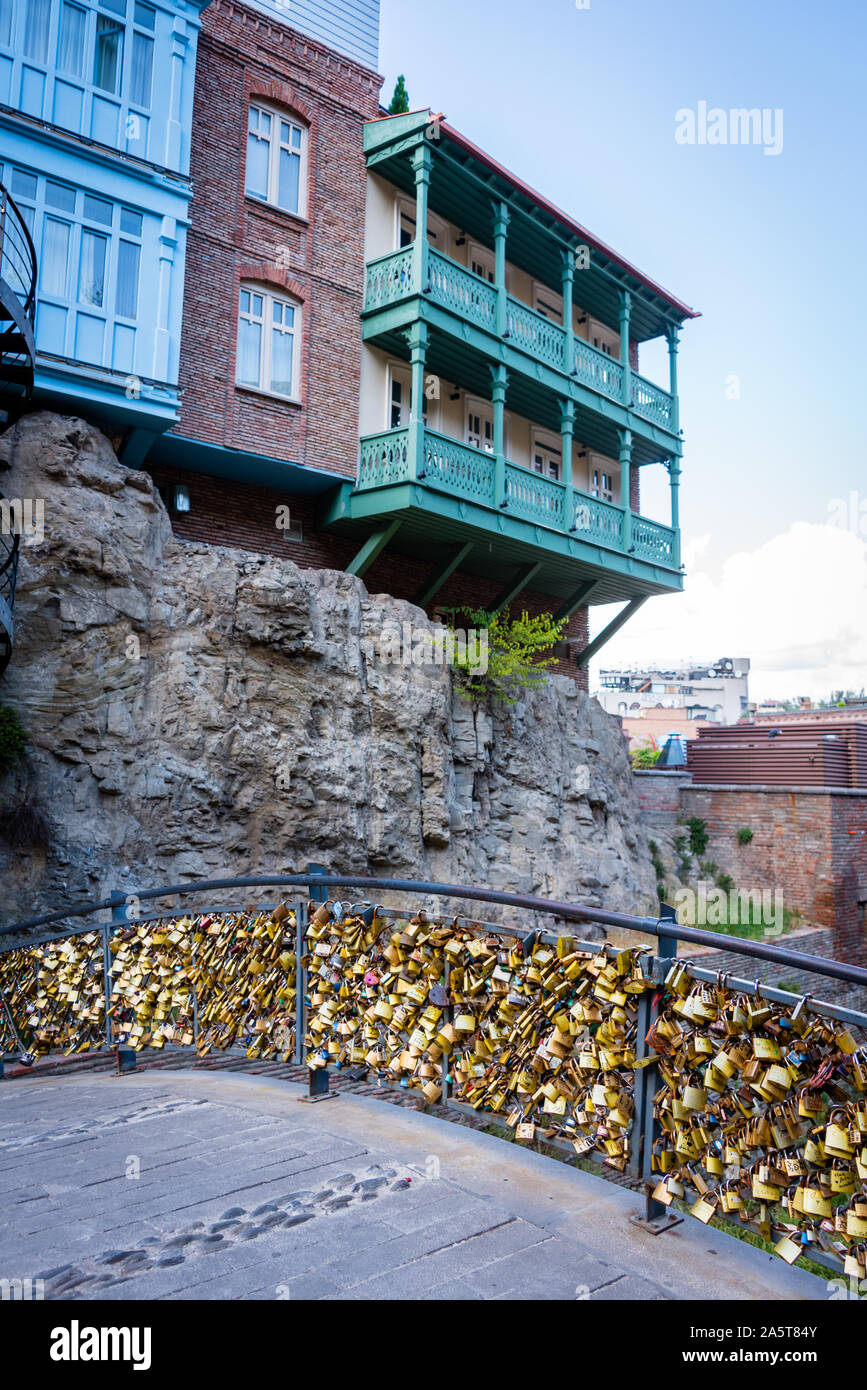 Lock all over the bridge in capital city of Georgia, Tbilisi town Stock ...