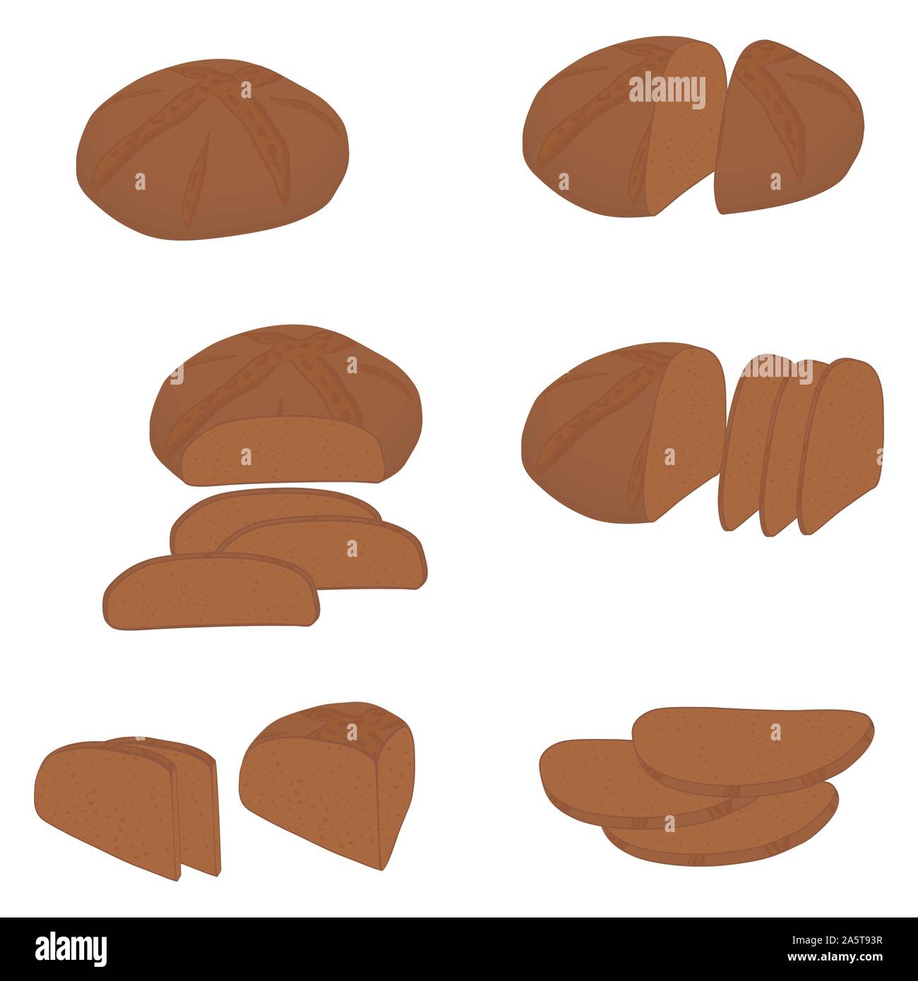 Vector illustration of set of baked bread, dark rye brick, soft ...