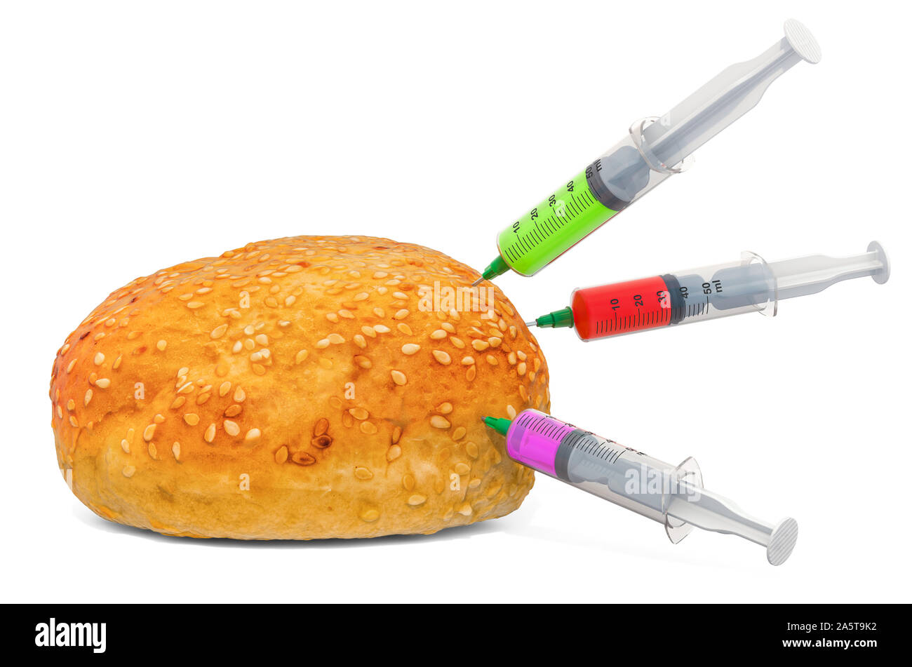 Hamburger bun with a syringes full of chemicals. Genetic Food ...