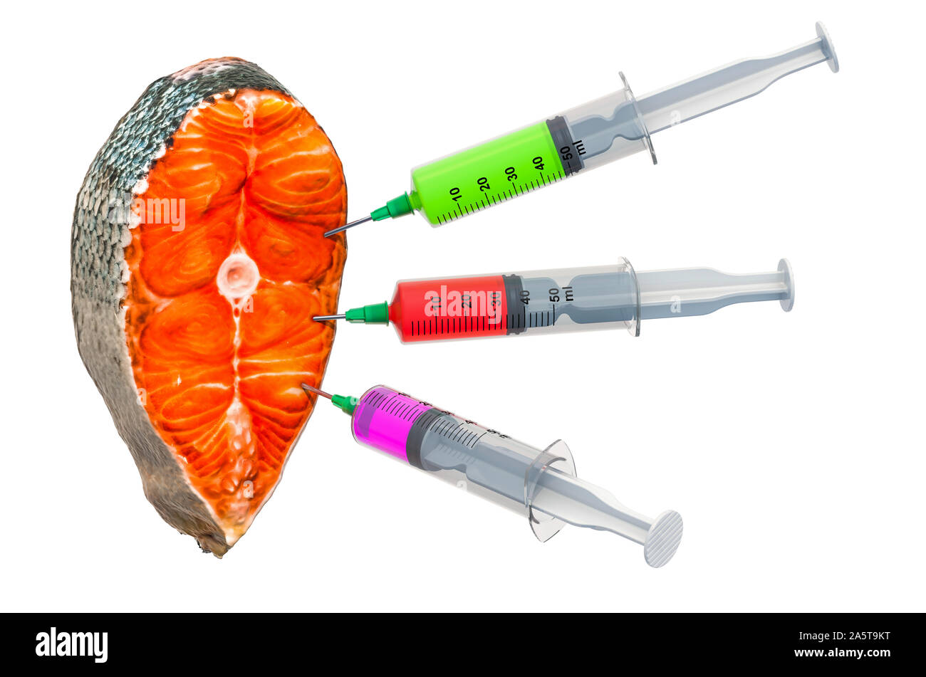 Raw red fish with a syringes full of chemicals. Genetic Food ...