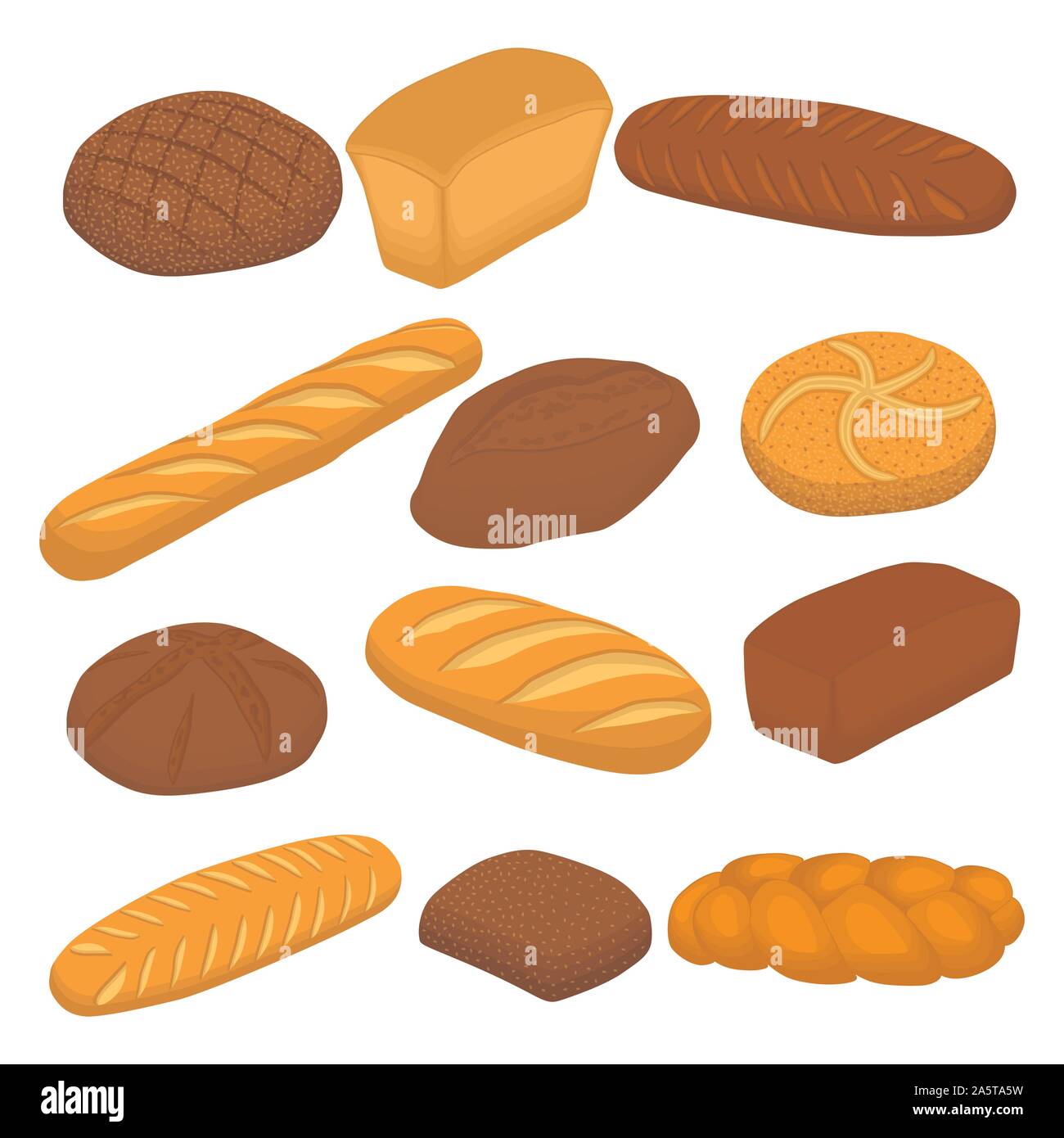 Vector illustration of set of baked bread, dark rye brick, soft ...