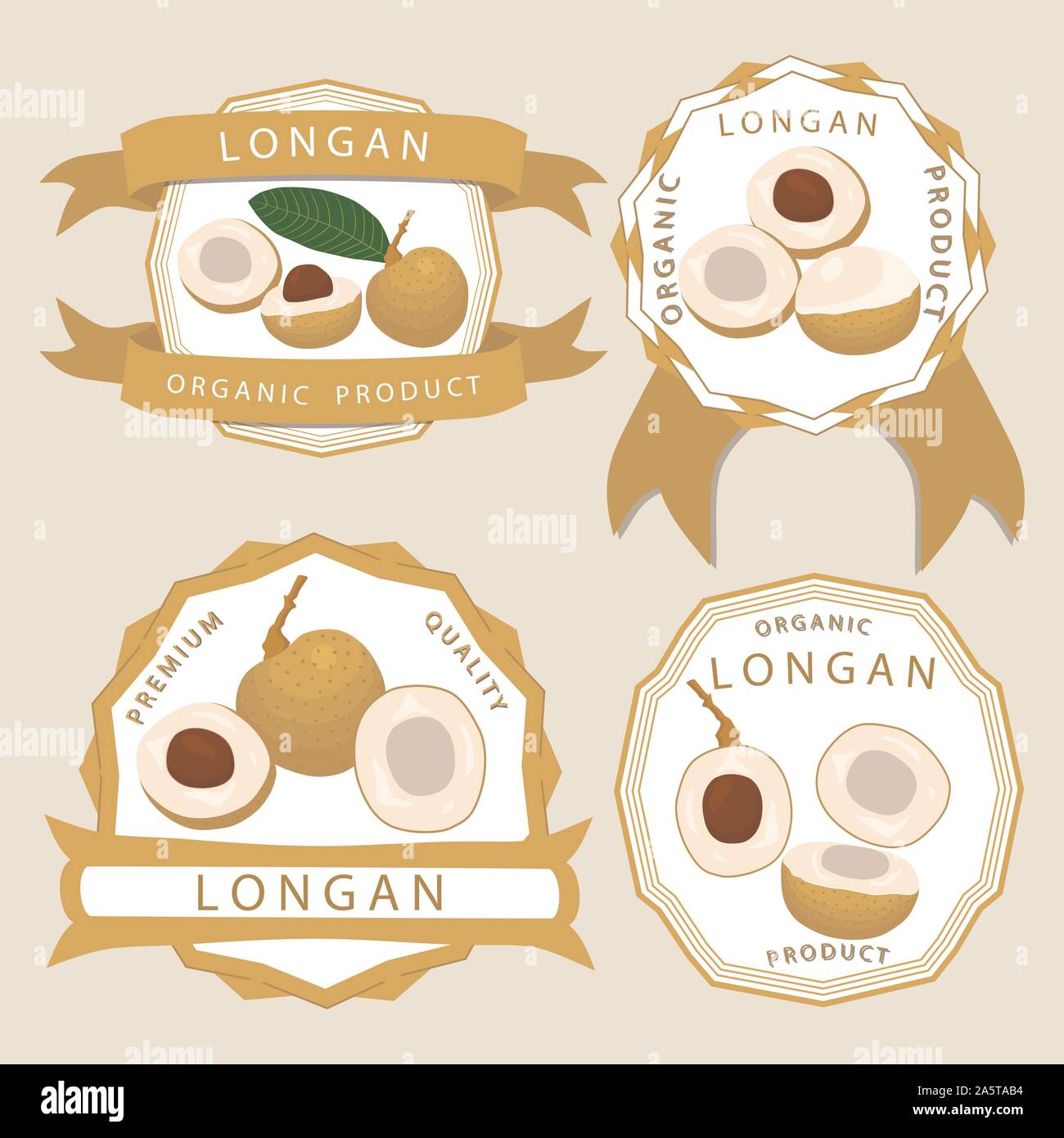 Vector icon illustration logo for whole ripe fruit yellow longan, slice ...