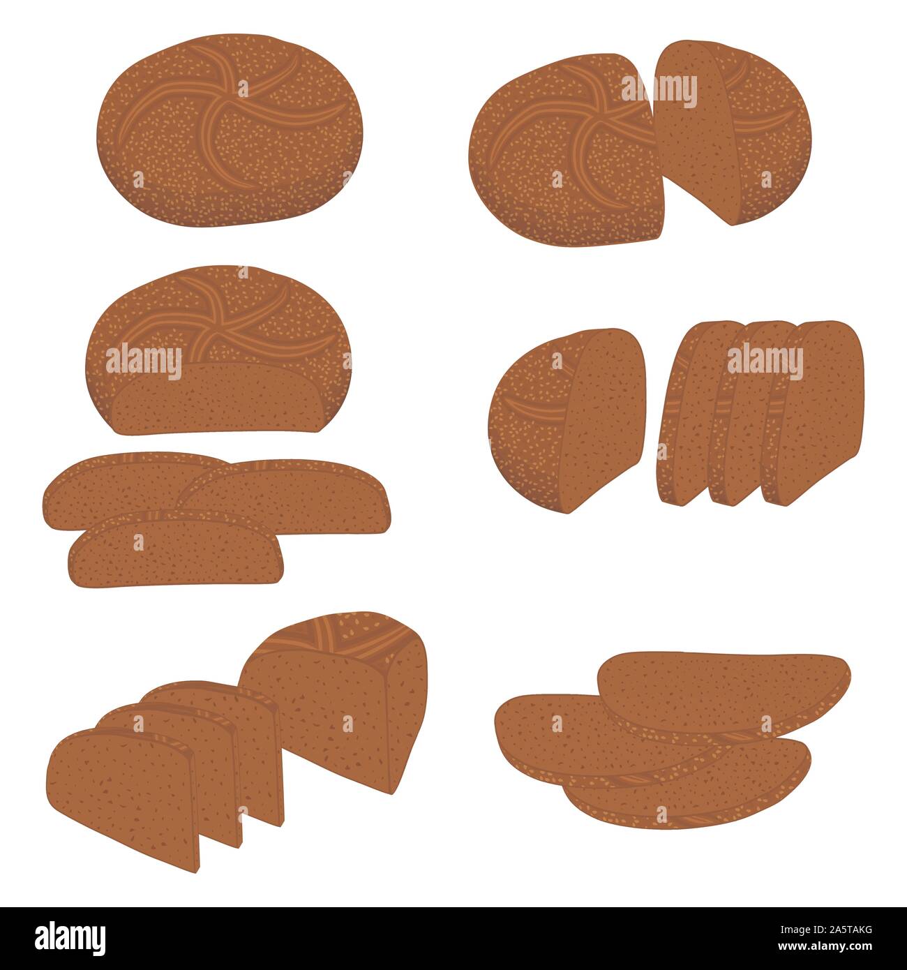 Vector illustration of set of baked bread, dark rye brick, soft ...