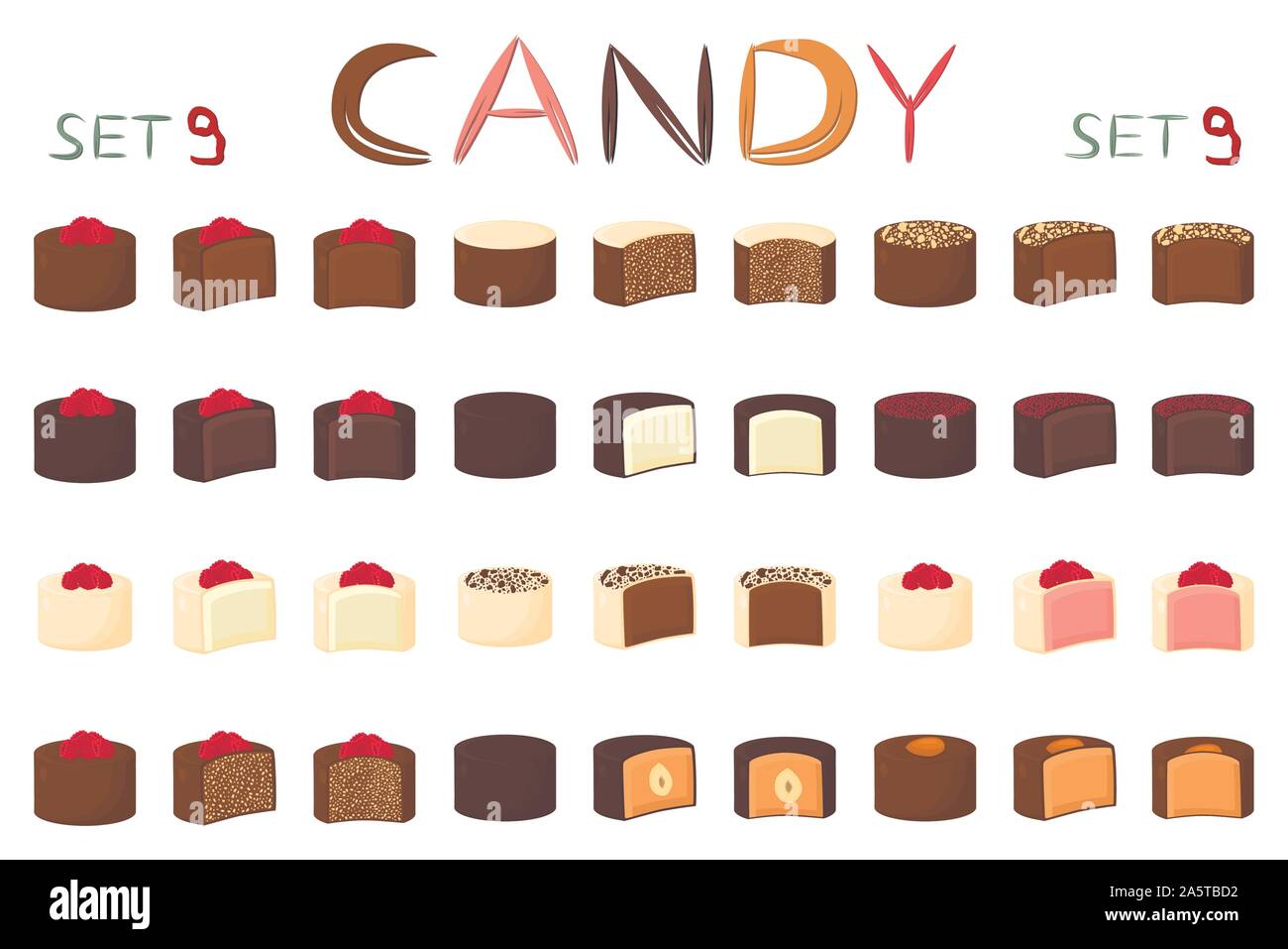 Beautiful big set of colorful chocolate desserts from candies. Candy ...