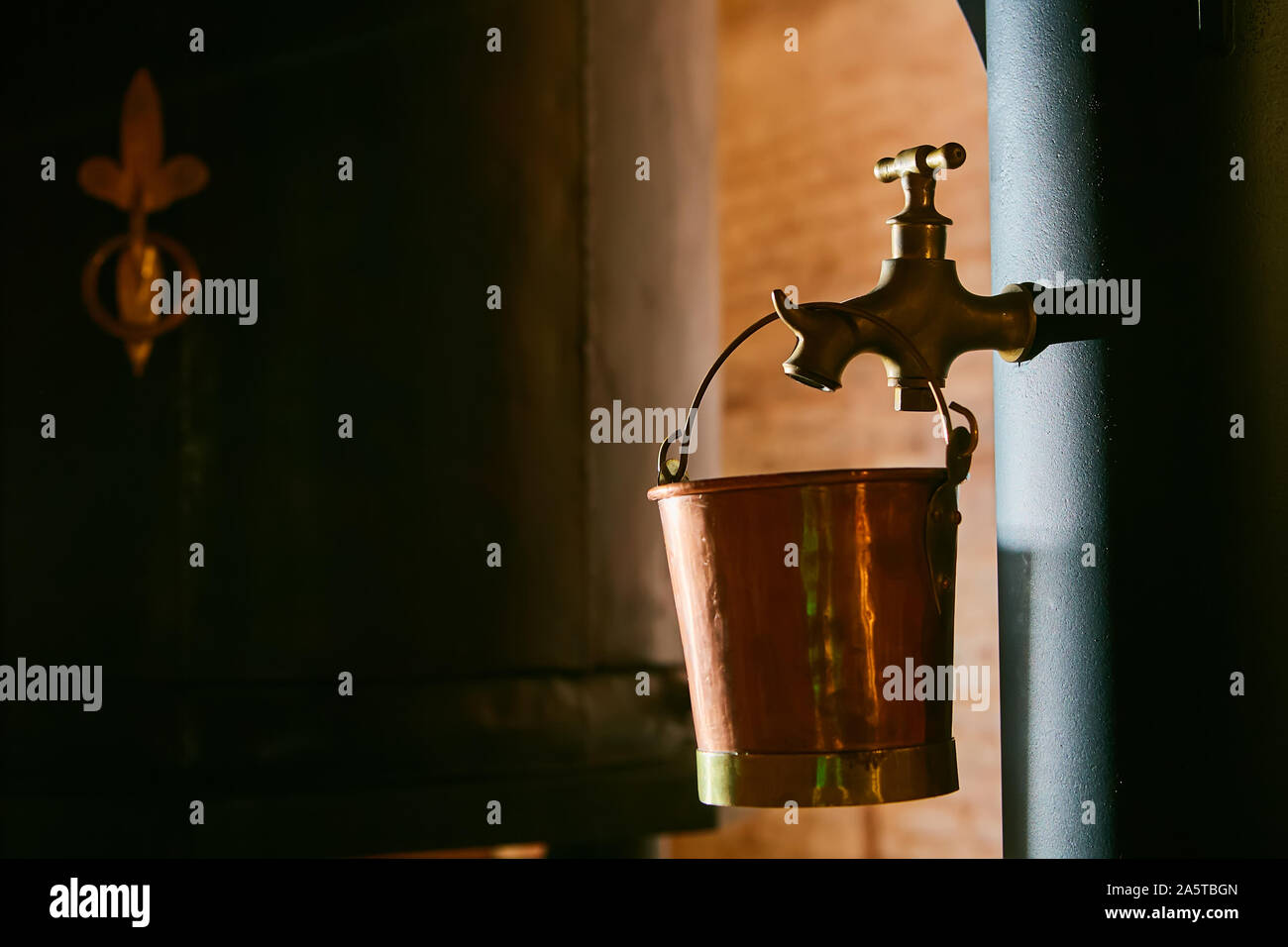 Detalis of medieval traditional distiller cube made from copper ...