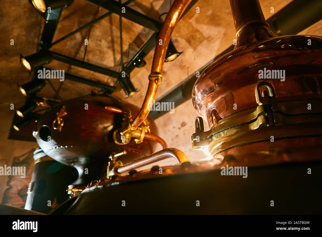 Detalis of medieval traditional distiller cube made from copper ...