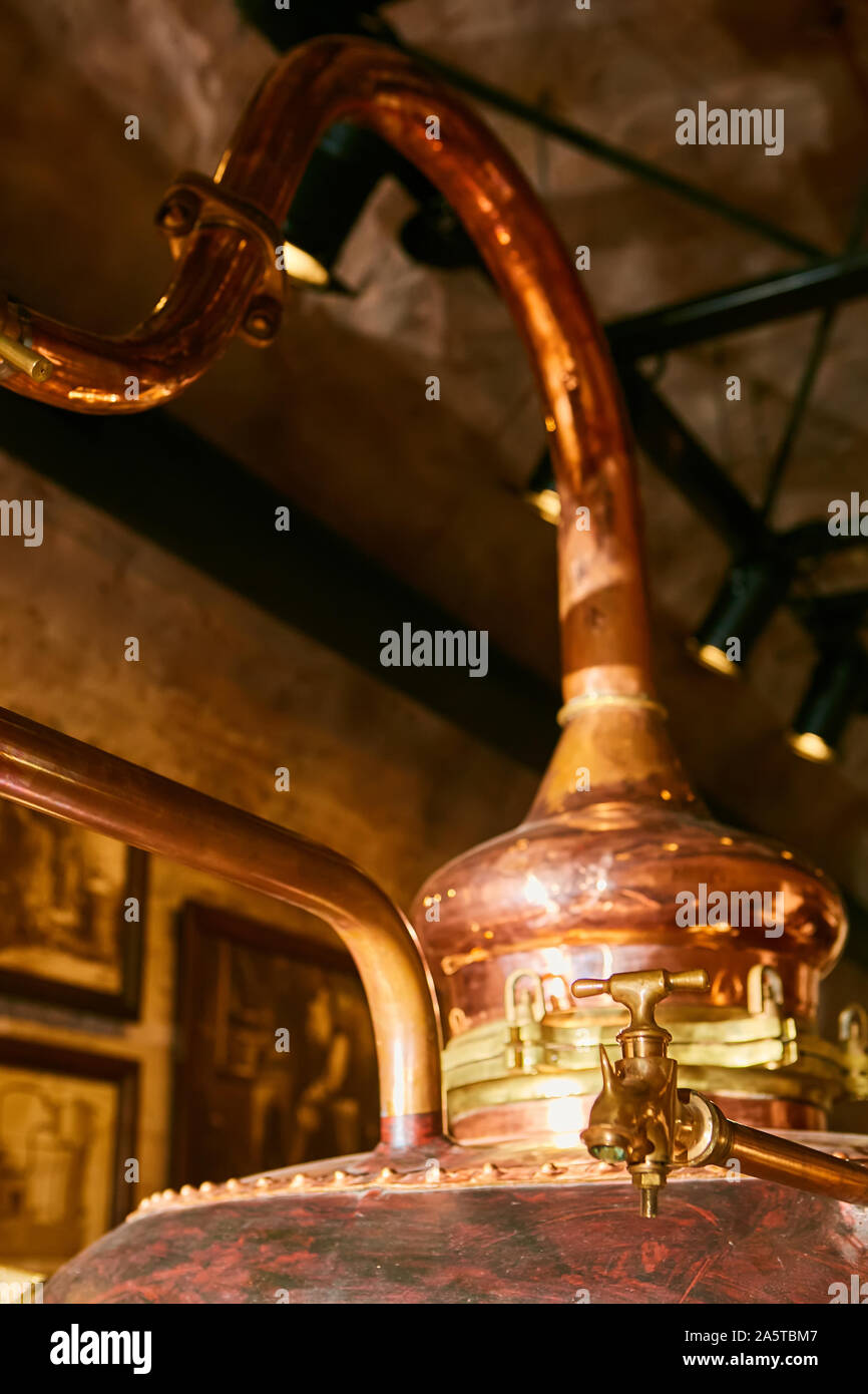 Detalis of medieval traditional distiller cube made from copper ...