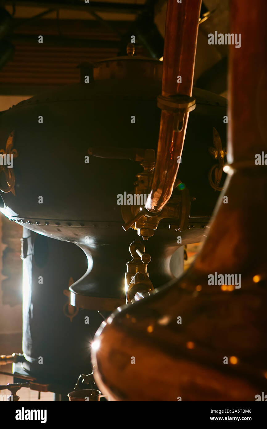 Detalis of medieval traditional distiller cube made from copper ...
