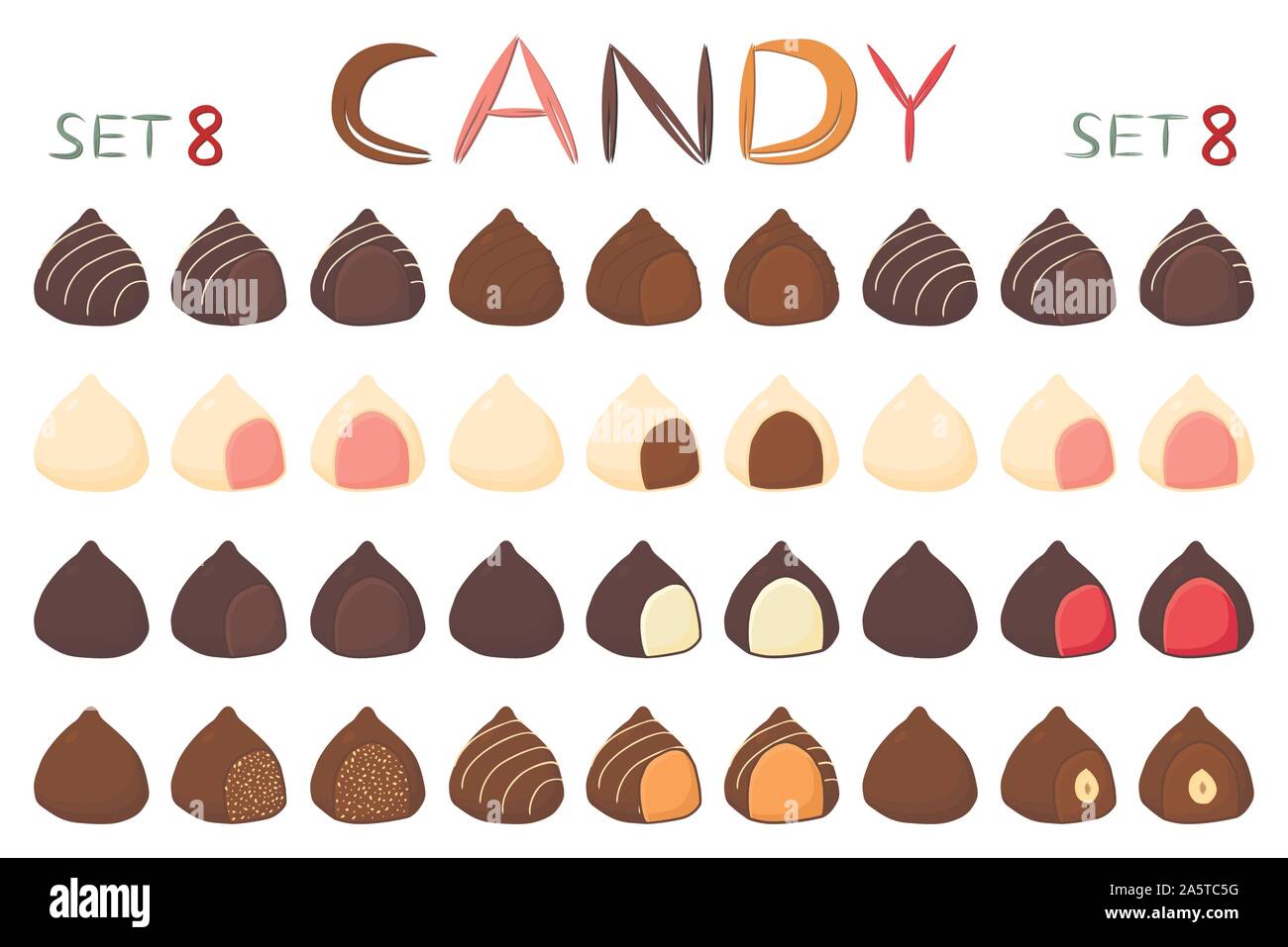 Beautiful big set of colorful chocolate desserts from candies. Candy ...