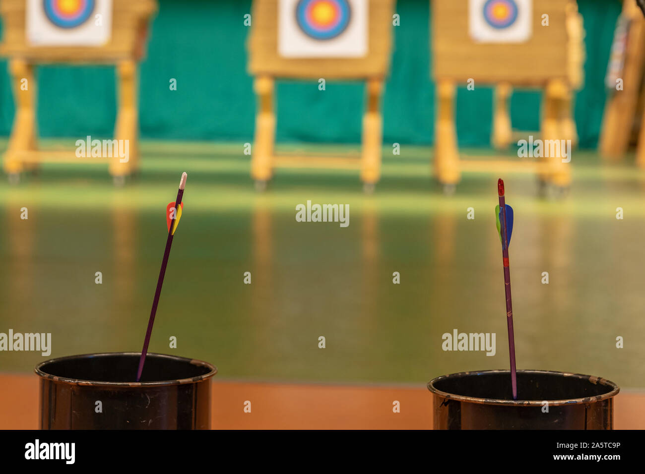 archery in the sports hall. Competition for the best shot an arrow into ...
