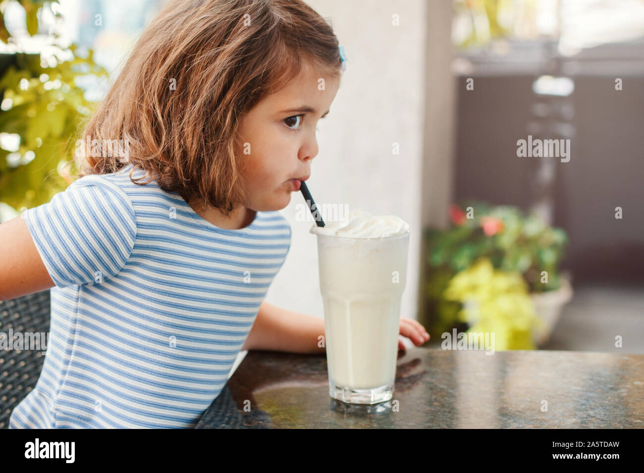 Funny Caucasian preschool toddler girl drinking milk shake in cafe ...