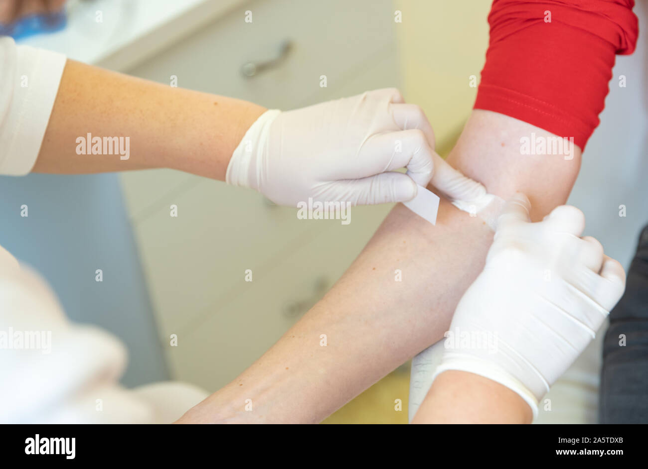 Young woman on the collection of blood in the hospital laboratory ...