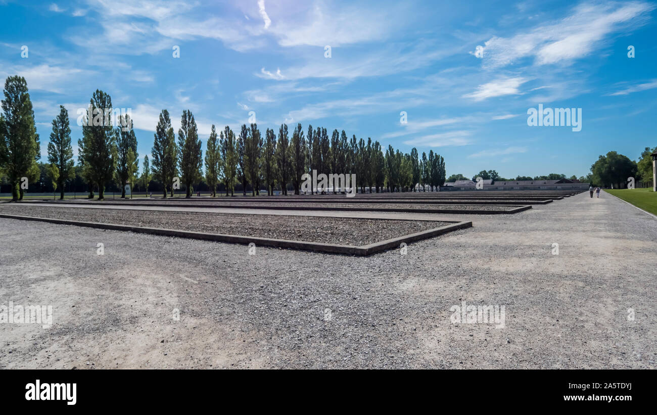 Munich 2019. Tourists visiting the inner area of the Dachau ...