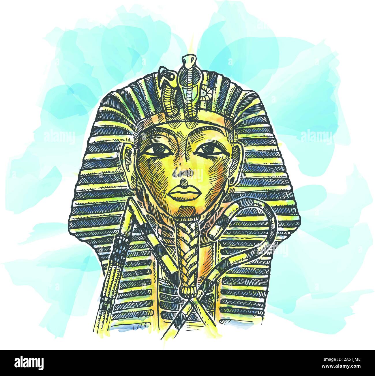 Golden mask of Egyptian pharaoh hand drawn Watercolor Stock Vector ...