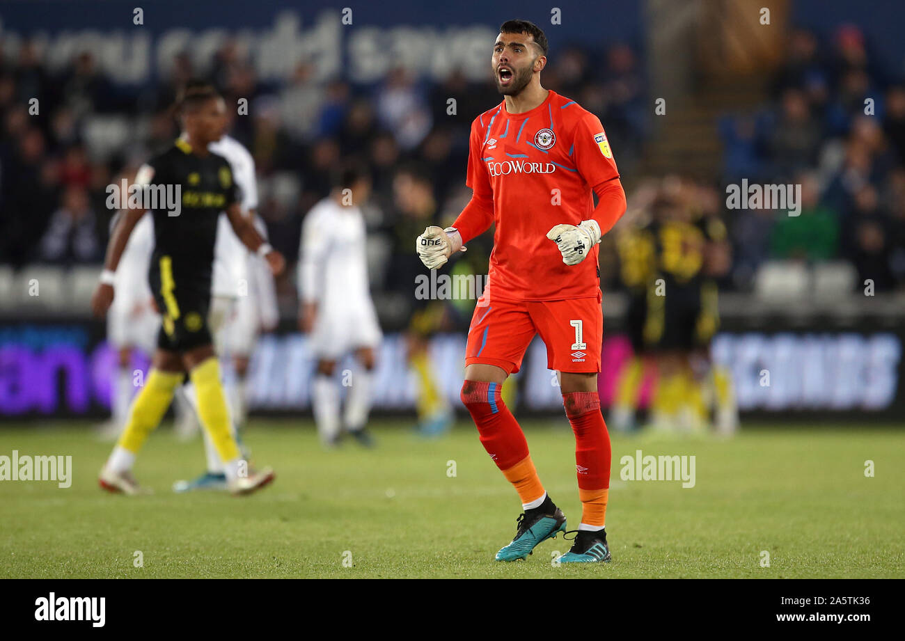 Brentford goalkeeper David Raya Martin celebrates his side’s first goal ...