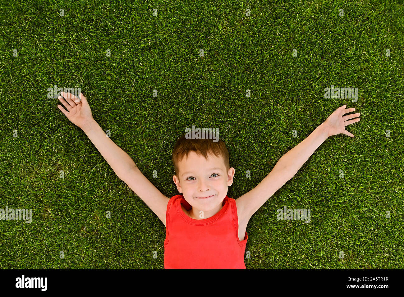 The boy lies on a well-groomed lawn. Little boy is lying on the grass ...