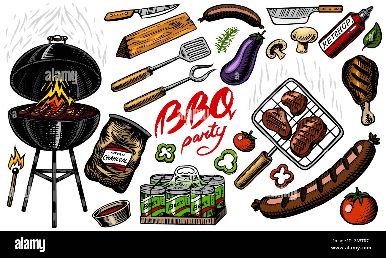 Barbecue grill set in vintage style. Drawn by hand. Bbq party ...