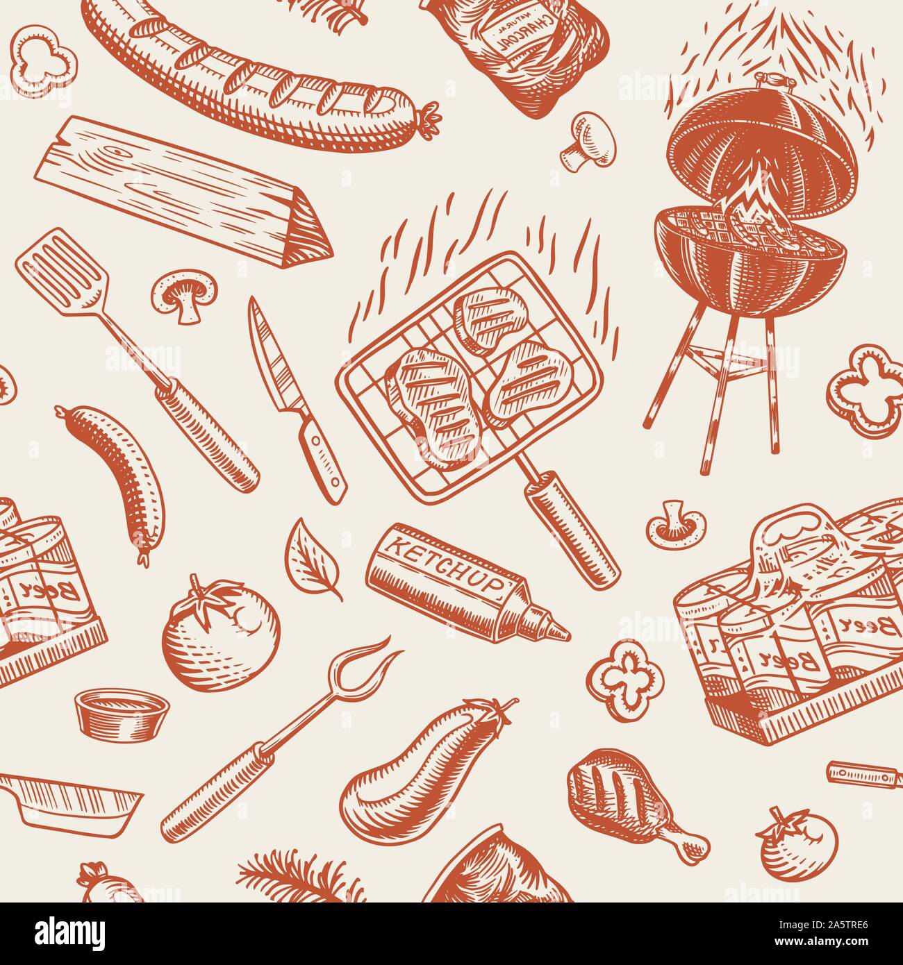 Barbecue grill seamless pattern in vintage style. Drawn by hand. Bbq ...