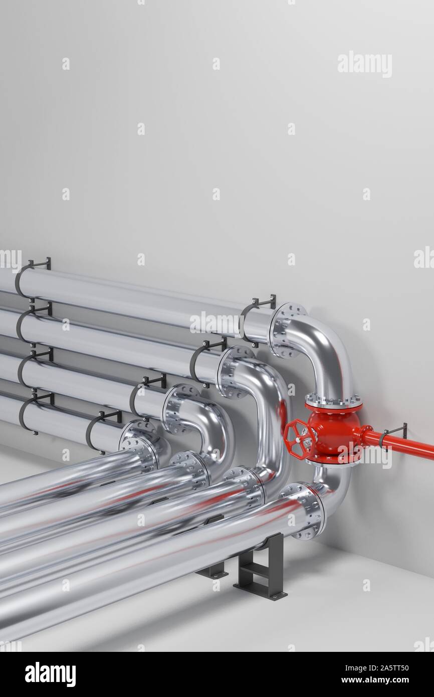 Stainless steel pipelines with red valves on white background. Digital ...