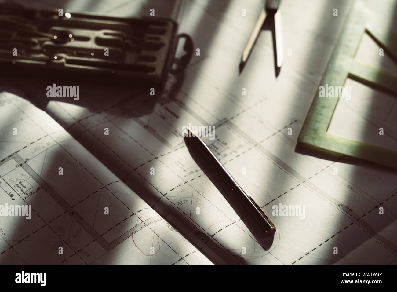 Architect design. Sketch, plans blueprints. Pencil, dividers, ruler ...