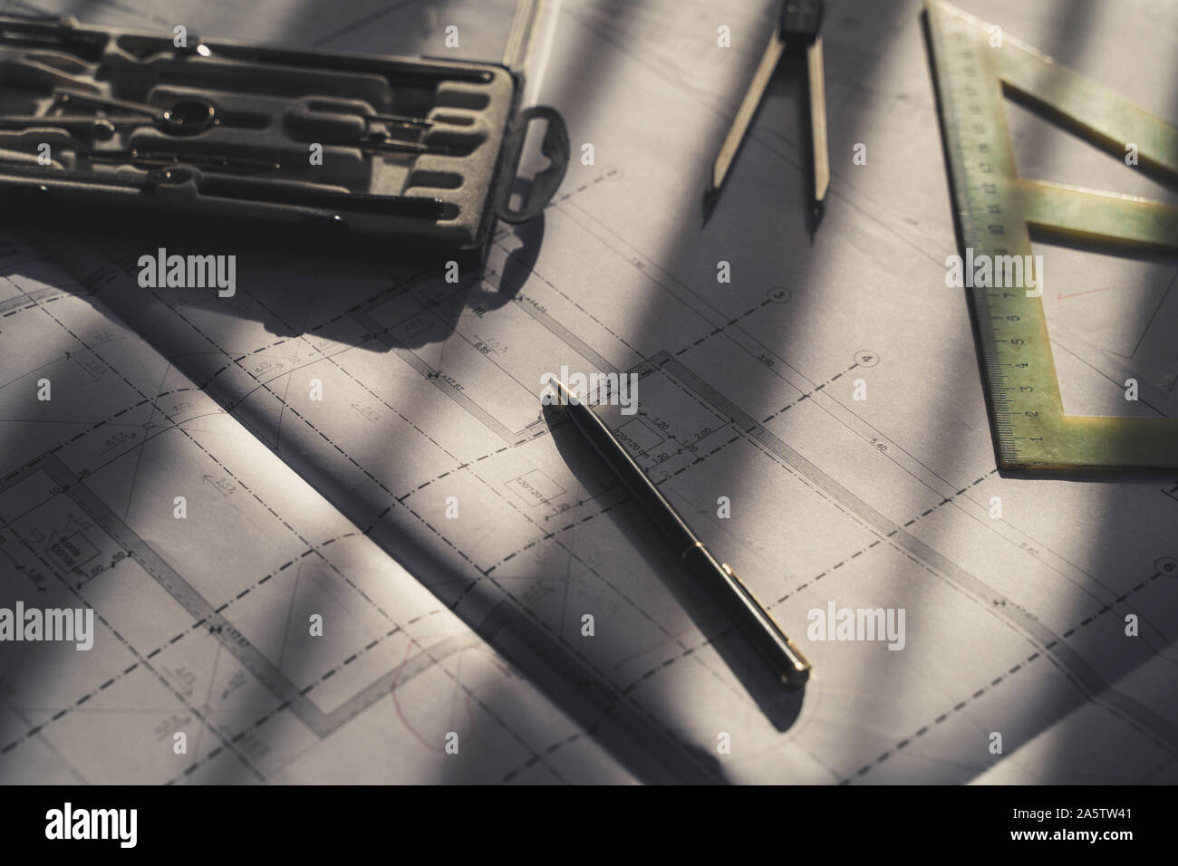 Architect design. Sketch, plans blueprints. Pencil, dividers, ruler ...