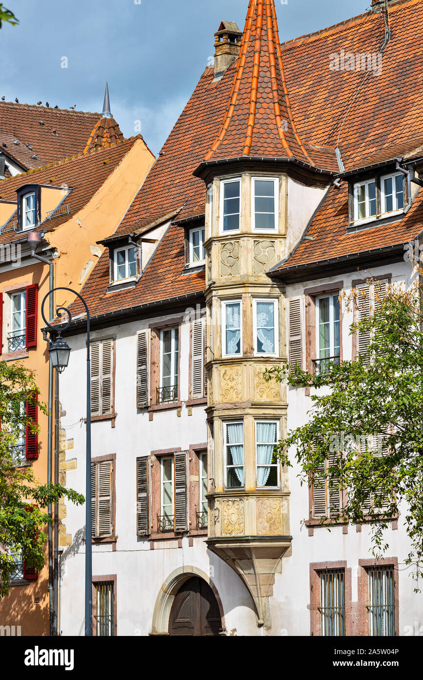 House exterior architectural structure called oriel, in Colmar, Alsace ...