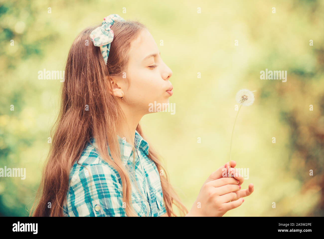 Summertime fun. Beliefs about dandelion. Girl making wish and blowing ...