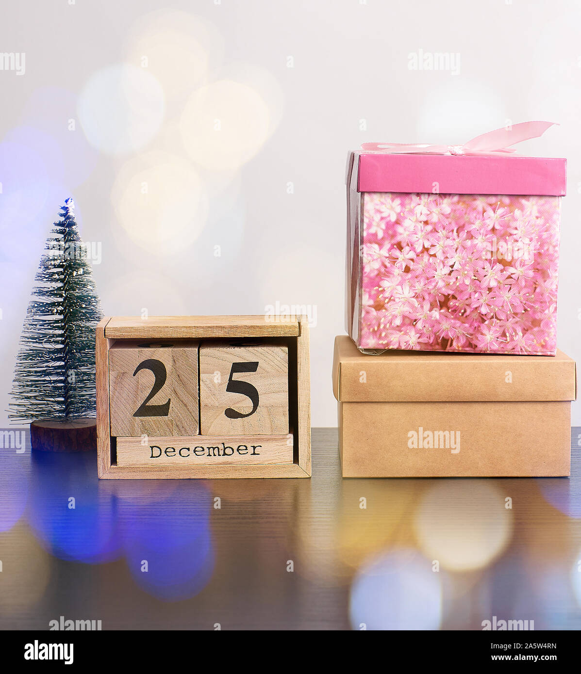wooden retro calendar from blocks, Christmas decorative tree and ...