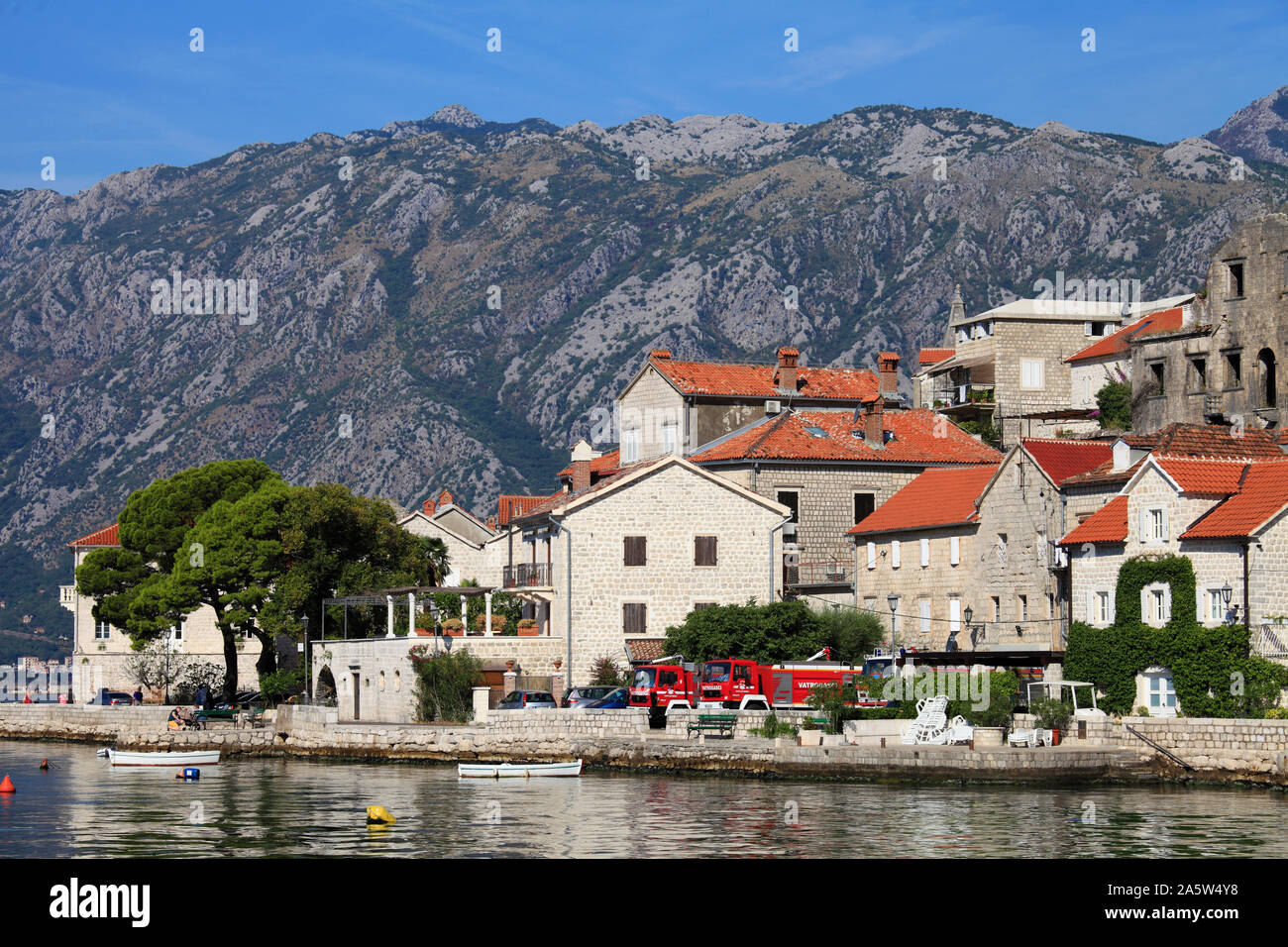 Montenegro, Bay of Kotor, Perast, skyline, general view, historic ...