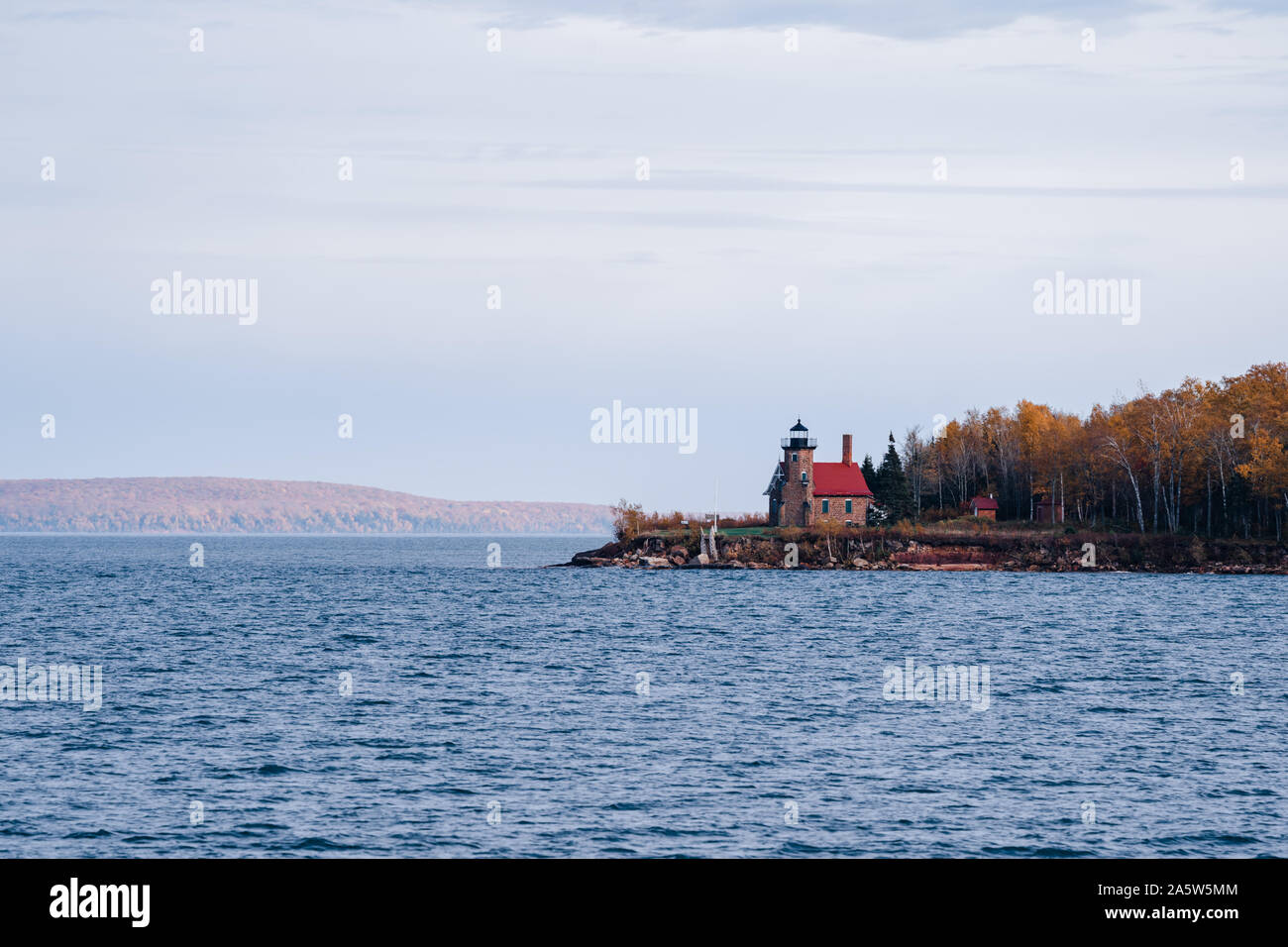 Wide angle view of Sand Island Lighthouse on the Apostle Islands ...