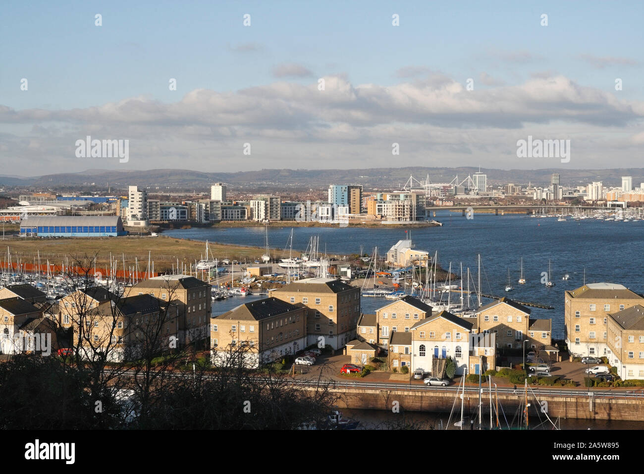 Cardiff Bay skyline and Penarth Marina, Wales UK. Cityscape landscape ...