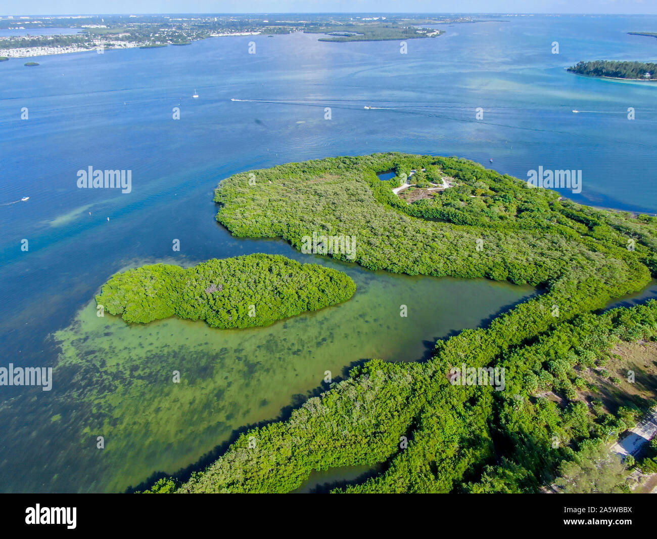 Aerial view of Anna Marial Island green lush and ocean, Manatee County ...