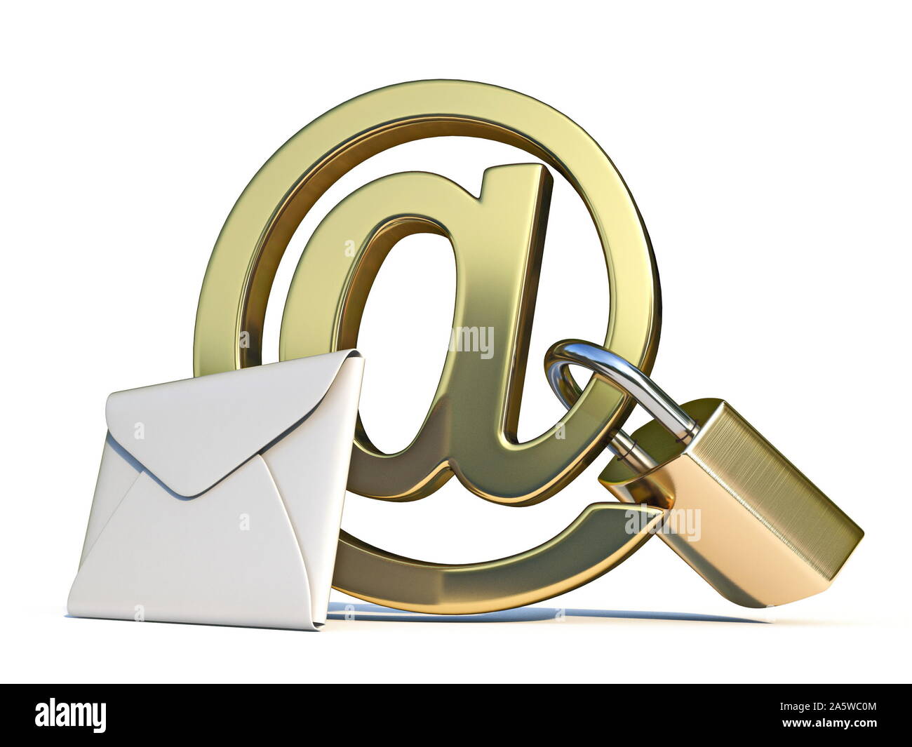 At sign and mail with padlock 3D render illustration isolated on white ...