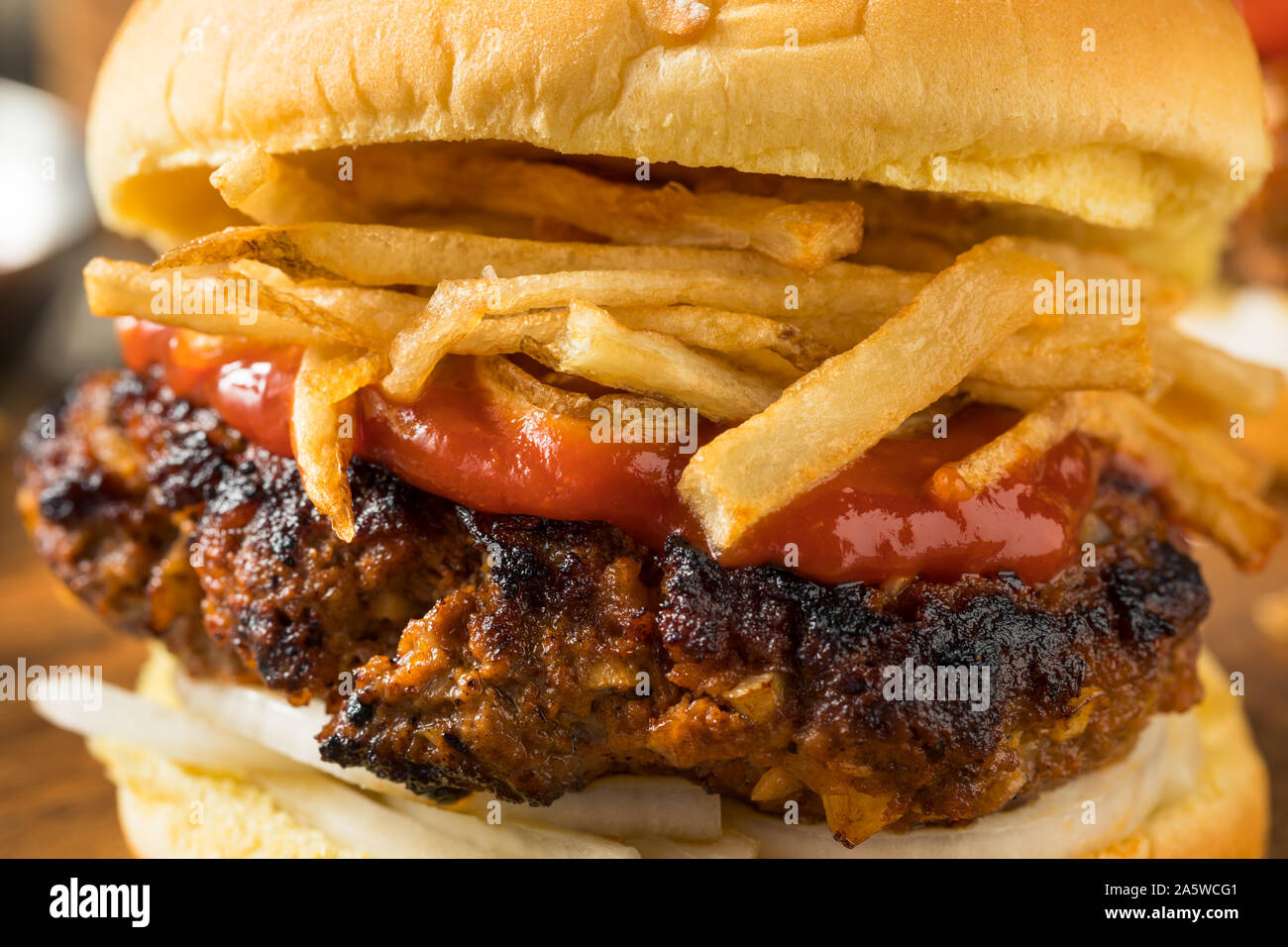 Homemade Cuban Fritas Hamburger with Fries and Chorizo Stock Photo - Alamy