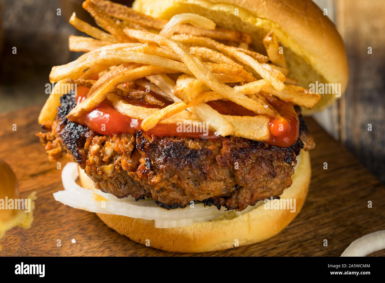 Homemade Cuban Fritas Hamburger with Fries and Chorizo Stock Photo - Alamy