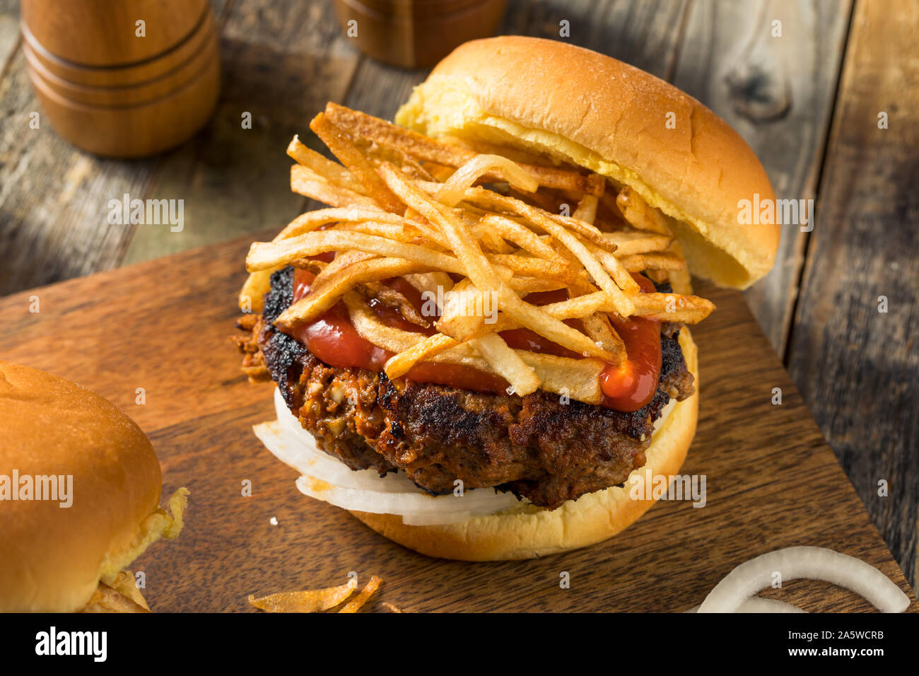 Homemade Cuban Fritas Hamburger with Fries and Chorizo Stock Photo - Alamy