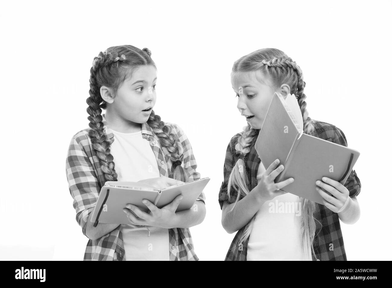 surprised pupils with work book. back to school. literature and writing ...