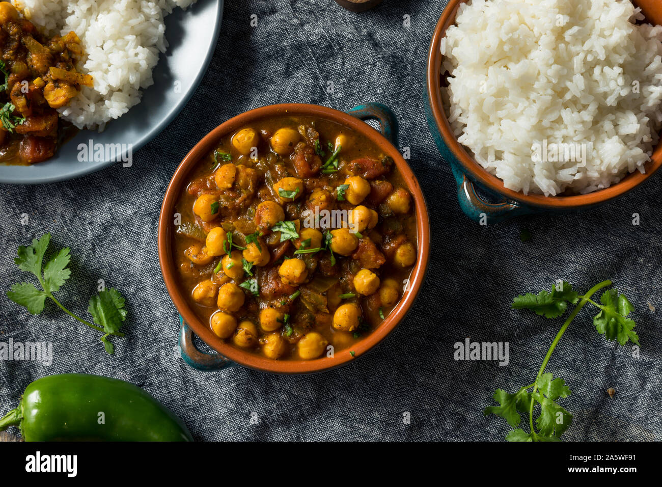 Homemade Indian Chickpea Chana Masala with Rice and Roti Stock Photo ...