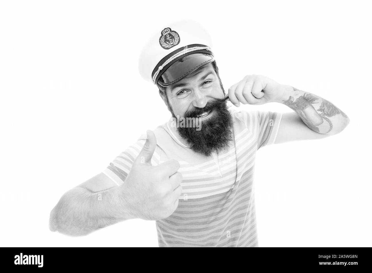 Captain of cruise liner. Brutal seaman isolated on white. Captain ...