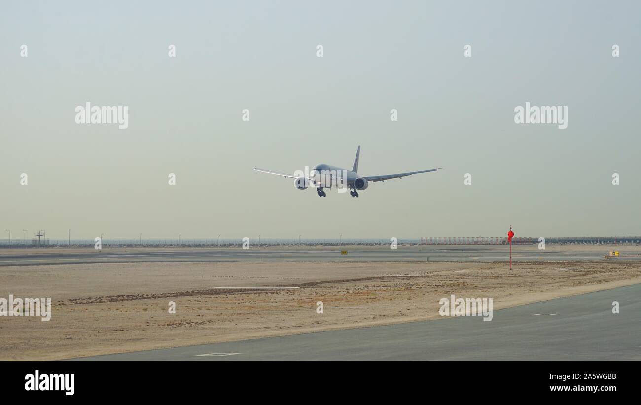 DOHA, QATAR -17 JUN 2019- View of an airplane from Qatar Airways cargo ...