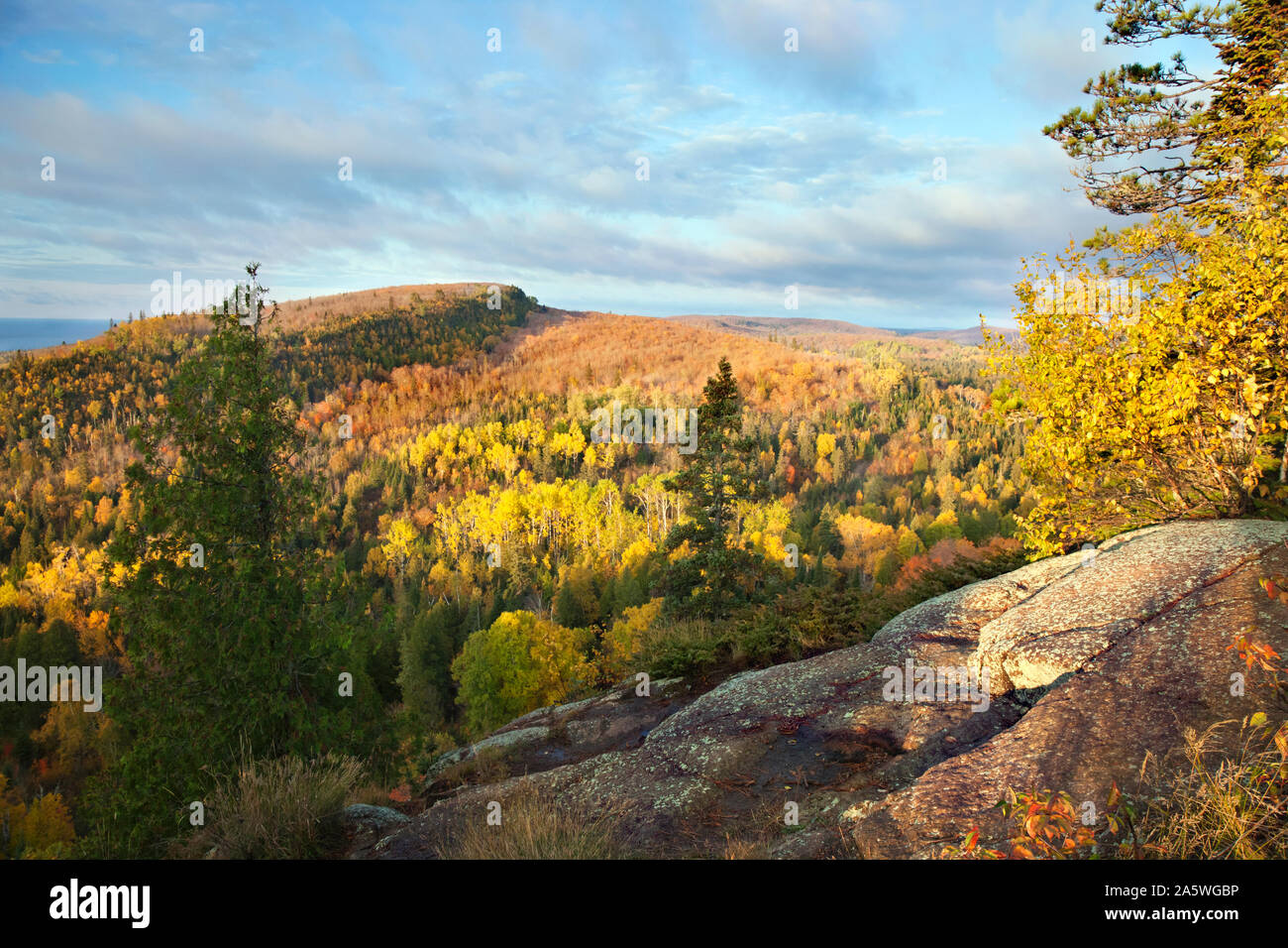 Early morning view from Oberg Mountain of hills along Lake Superior in ...
