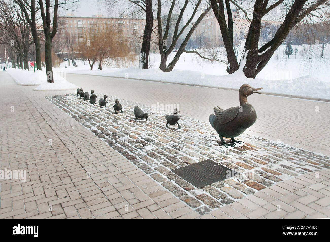 Make Way for Ducklings statue in Novodevichy Park in winter time ...