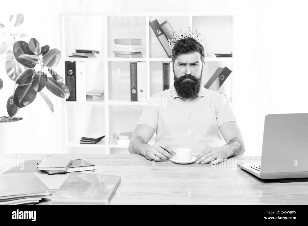 Businessman king in gold crown. business king. serious man drink coffee ...