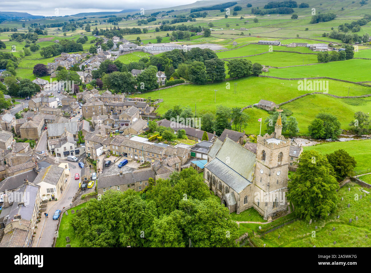 An aerial view of the quaint countryside community of Hawes, Yorkshire ...