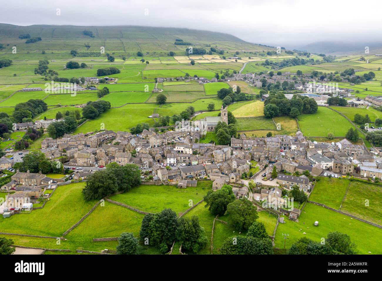 An aerial view of the quaint countryside community of Hawes, Yorkshire ...
