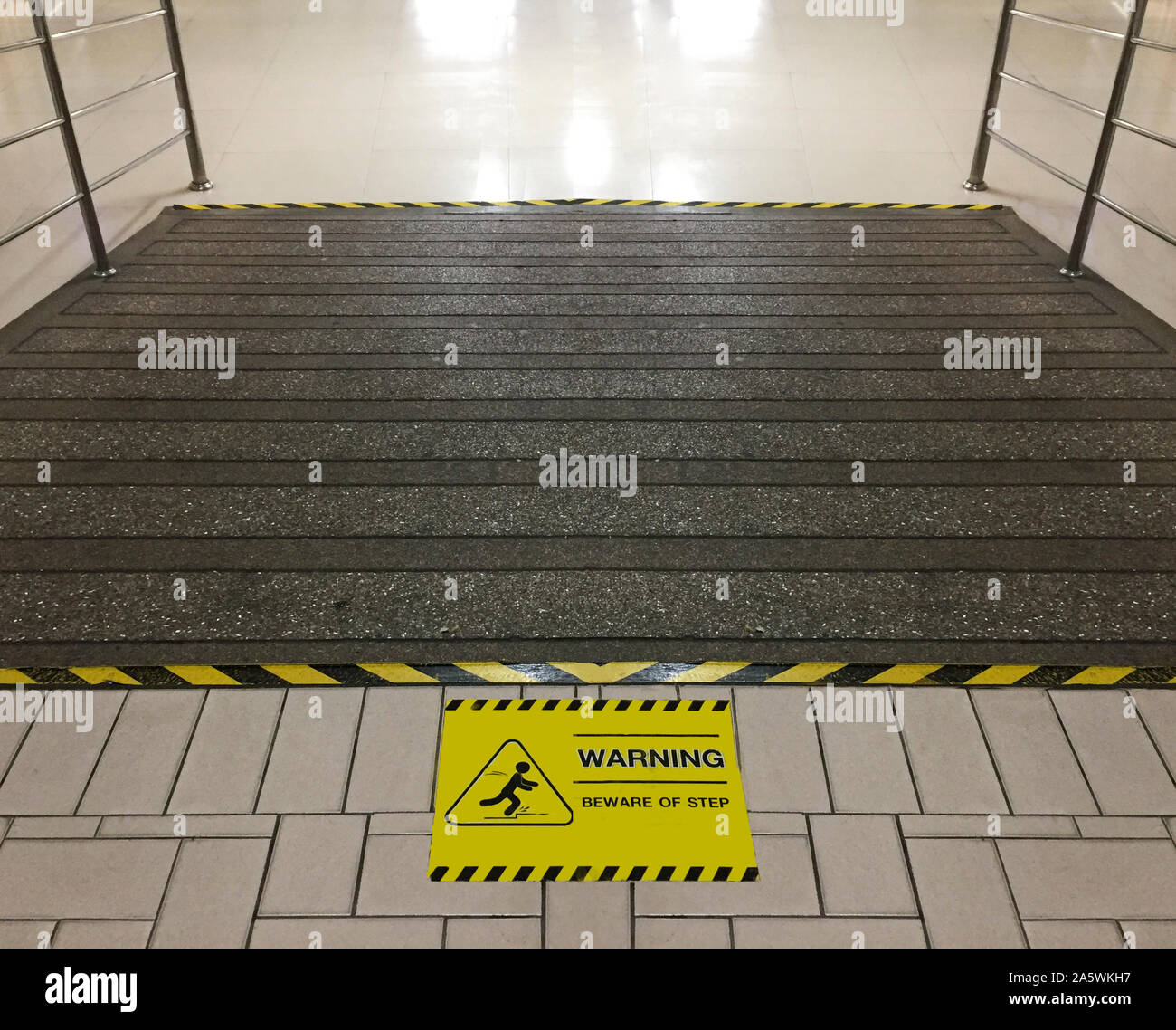 Warning sign to be noticed when walking on the slope path in the ...