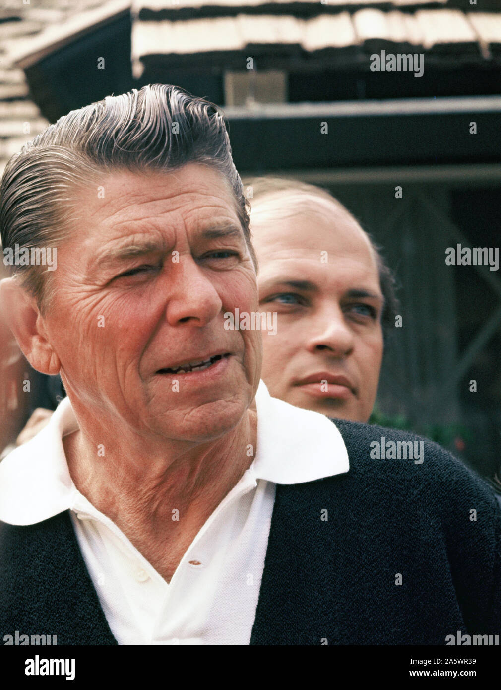 Candidate Ronald Reagan talks to media at an event in Pasa Robeles ...